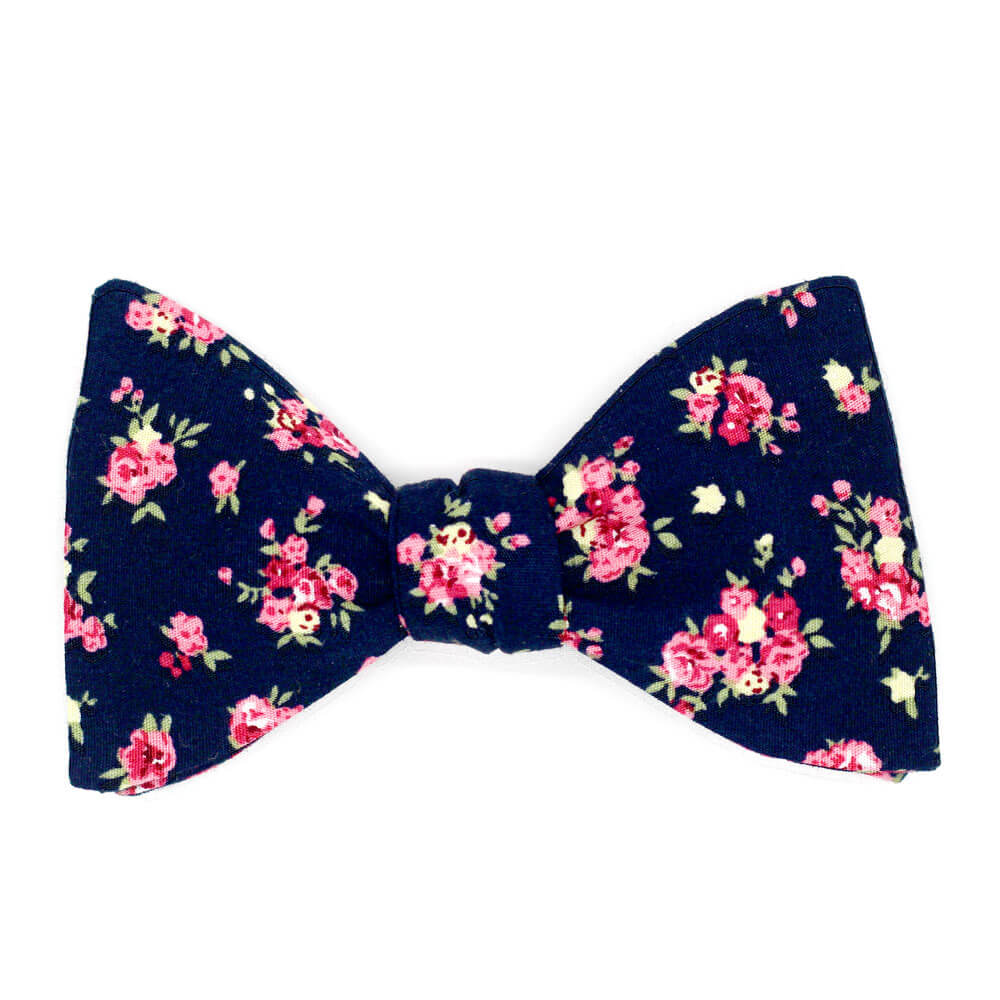 Noeud papillon fleuri bleu nuit et rose shabby chic - Le Coq en Pap'