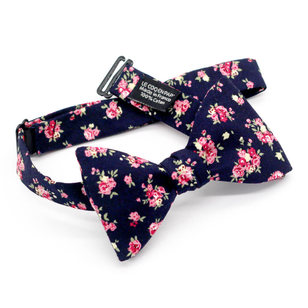 Noeud papillon fleuri bleu nuit et rose shabby chic - Le Coq en Pap'